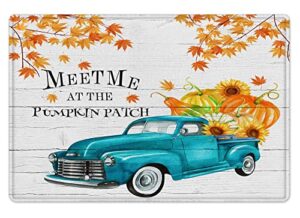 fall bath mat for bathroom, autumn yellow sunflower and orange pumpkin on rustic vintage blue truck bathroom rug, country farmhouse wood boards thanksgiving non slip absorbent bathroom mat, 24x16 inch