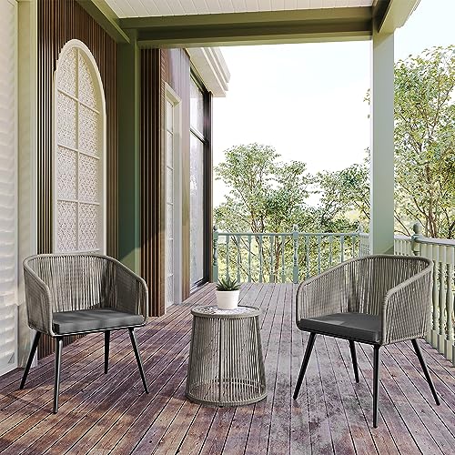 EAST OAK Breezeway Patio Furniture Set, 3-Piece Outside Bistro Set Handwoven Rattan Wicker Chairs with Waterproof Cushions, Tempered Glass Table, Outdoor Conversation Set, Light Grey & Dark Grey