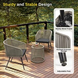 EAST OAK Breezeway Patio Furniture Set, 3-Piece Outside Bistro Set Handwoven Rattan Wicker Chairs with Waterproof Cushions, Tempered Glass Table, Outdoor Conversation Set, Light Grey & Dark Grey