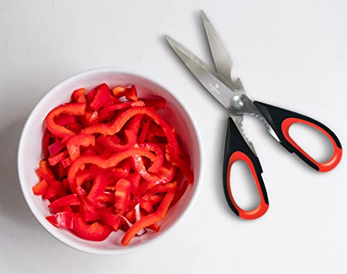 Premium Kitchen Shears by Better Kitchen Products, 8.5", All Purpose Stainless Steel Utility Scissors, Heavy Duty Scissors, Meat Scissors, Poultry Shears, Multipurpose for Culinary Prep(1PK-Black/Red)