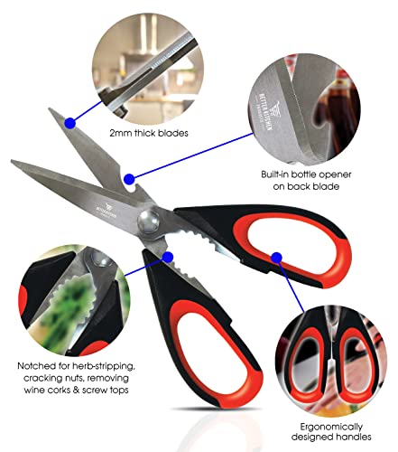 Premium Kitchen Shears by Better Kitchen Products, 8.5", All Purpose Stainless Steel Utility Scissors, Heavy Duty Scissors, Meat Scissors, Poultry Shears, Multipurpose for Culinary Prep(1PK-Black/Red)