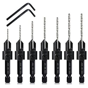 7 pcs m2 countersink drill bit set, 3in1 wood pilot countersink drill bits for #4#6#8#10#12 screws holes, with adjustable depth stop,quick release hex shank, 2-allen wrench