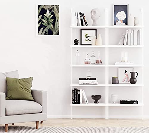 Karl home Ladder Shelf 5 Tier Wall Mounted Bookcase with Metal Frame, Open Design Shelves for Living Room, Bedroom, Home, Office, White (23.62" L x 11.81" W x 70.87" H)