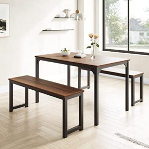 IMUsee 45" Dining Table Set for 4, 3-Pieces Kitchen & Dining Room Sets with Benches, Metal Frame and Wood Board, Sturdy Structure, Easy Assembly, Small Space Dinette, Walnut & Black