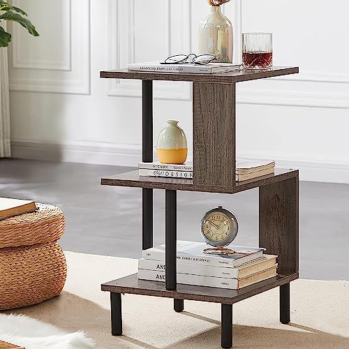 VECELO Side Table for Living Room S-Shaped Endtable with Storage Shelf, Easy Assembly, Set of 1, Rustic Brown