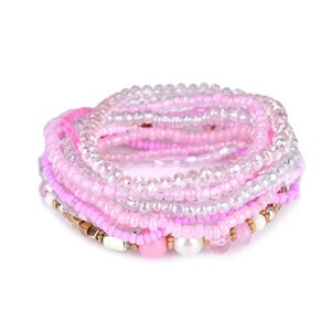 handmade multicolor bohemian crystal beaded bracelets set multilayer stackable boho charms stretch layered bead adjustable bangles strand jewelry for women girls-pink