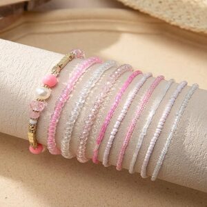 Handmade Multicolor Bohemian Crystal Beaded Bracelets Set Multilayer Stackable Boho Charms Stretch Layered Bead Adjustable Bangles Strand Jewelry for Women Girls-pink