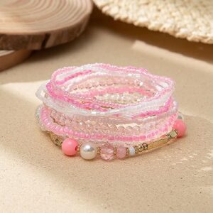 Handmade Multicolor Bohemian Crystal Beaded Bracelets Set Multilayer Stackable Boho Charms Stretch Layered Bead Adjustable Bangles Strand Jewelry for Women Girls-pink