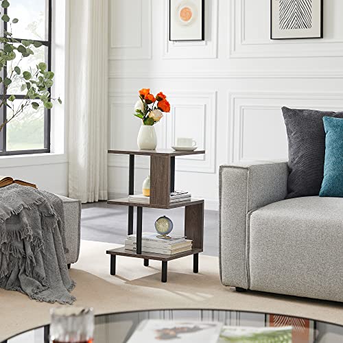 VECELO Side Table for Living Room S-Shaped Endtable with Storage Shelf, Easy Assembly, Set of 1, Rustic Brown