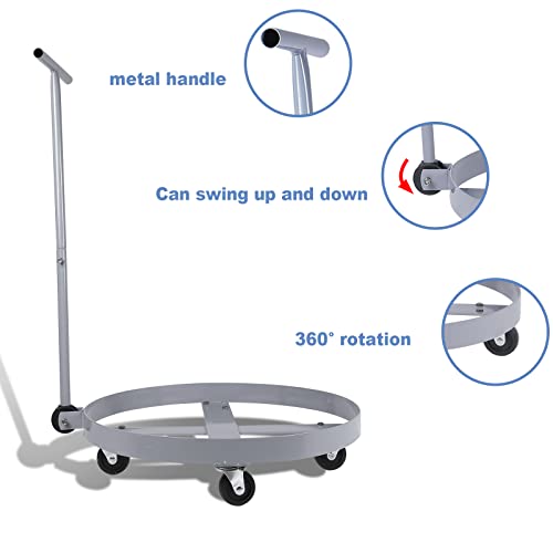 Wefrib 55 Gallon Drum Dolly 1000 Pound Drum Cart Multi Purpos Barrel Dolly Cart with Ajustable Handle Steel Frame Dolly with 4 Swivel Casters Wheel Non Tipping Hand Truck Capacity Dollies(Grey)