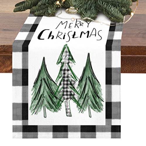 Jbralid Merry Christmas Trees Table Runner 72 Inch Xmas Winter Holiday Black and White Buffalo Plaid Table Cloth Decorations for Home Dining Room Party Decor