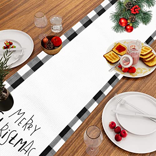 Jbralid Merry Christmas Trees Table Runner 72 Inch Xmas Winter Holiday Black and White Buffalo Plaid Table Cloth Decorations for Home Dining Room Party Decor