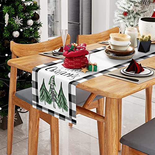 Jbralid Merry Christmas Trees Table Runner 72 Inch Xmas Winter Holiday Black and White Buffalo Plaid Table Cloth Decorations for Home Dining Room Party Decor