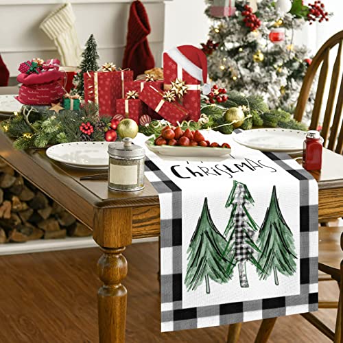 Jbralid Merry Christmas Trees Table Runner 72 Inch Xmas Winter Holiday Black and White Buffalo Plaid Table Cloth Decorations for Home Dining Room Party Decor