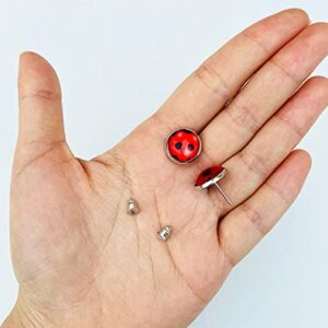 Red Ladybird Girl’s Earring Studs Black Spots Silver Bug Earrings for Halloween Christmas Birthday Cosplay Gifts