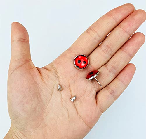 Red Ladybird Girl’s Earring Studs Black Spots Silver Bug Earrings for Halloween Christmas Birthday Cosplay Gifts