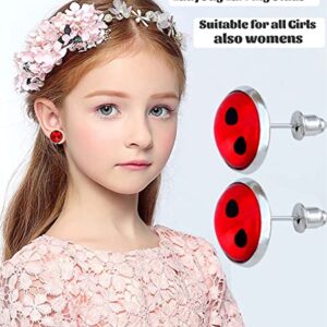 Red Ladybird Girl’s Earring Studs Black Spots Silver Bug Earrings for Halloween Christmas Birthday Cosplay Gifts