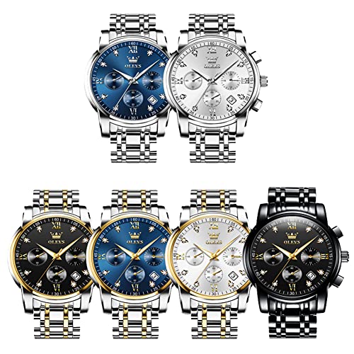 OLEVS Men Watches Big Face Watch for Men Gold and Silver Luxury Blue Watches Mens Analog Quartz Fashion Stainless Steel Watches Roman Numerals Watches Day Date Dress Men Wristwatches