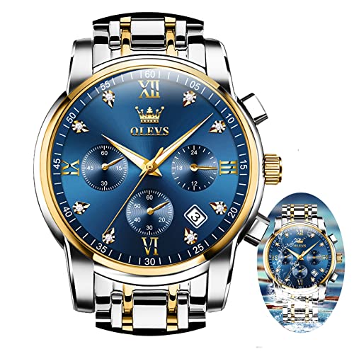 OLEVS Men Watches Big Face Watch for Men Gold and Silver Luxury Blue Watches Mens Analog Quartz Fashion Stainless Steel Watches Roman Numerals Watches Day Date Dress Men Wristwatches