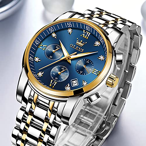 OLEVS Men Watches Big Face Watch for Men Gold and Silver Luxury Blue Watches Mens Analog Quartz Fashion Stainless Steel Watches Roman Numerals Watches Day Date Dress Men Wristwatches