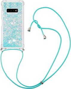 houson for samsung galaxy s10 5g case, moving liquid holographic sparkle glitter case with crossbody lanyard strap, girls women bling diamond ring slim protective case for galaxy s10 5g blue