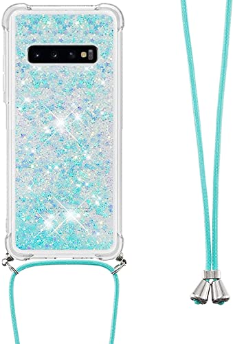 HOUSON for Samsung Galaxy S10 5G Case, Moving Liquid Holographic Sparkle Glitter Case with Crossbody Lanyard Strap, Girls Women Bling Diamond Ring Slim Protective Case for Galaxy S10 5G Blue