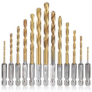 mesee 13 pieces titanium coated hss twist drill bit set, hex shank high speed steel drill bits 1.5mm-6.5mm quick change woodworking drilling tool