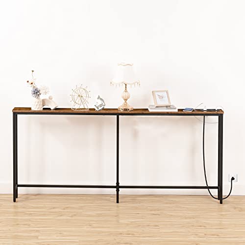 HOOBRO 5.9" Skinny Console Table with Charging Station, 70.9" Narrow Sofa Table with Power Outlets, Long Behind Couch Table, Slim Entryway Table for Hallway, Living Room, Rustic Brown BF185UXG01