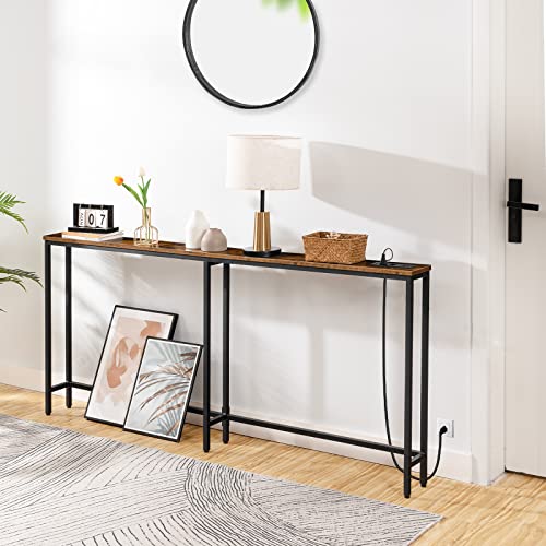 HOOBRO 5.9" Skinny Console Table with Charging Station, 70.9" Narrow Sofa Table with Power Outlets, Long Behind Couch Table, Slim Entryway Table for Hallway, Living Room, Rustic Brown BF185UXG01