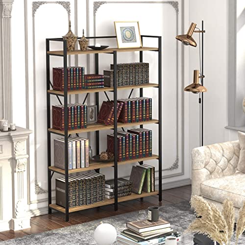 BON AUGURE Bookshelf, Industrial Large Etagere Bookcase for Living Room and Bedroom, Farmhouse 5 Tier Book Shelves for Office, Rustic Wood Metal Shelving Unit (Vintage Oak, 43.31 inch Wide)