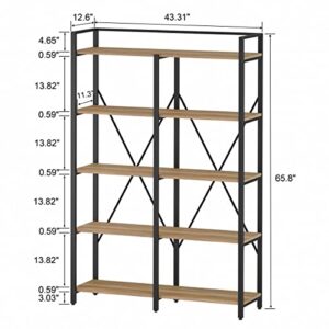 BON AUGURE Bookshelf, Industrial Large Etagere Bookcase for Living Room and Bedroom, Farmhouse 5 Tier Book Shelves for Office, Rustic Wood Metal Shelving Unit (Vintage Oak, 43.31 inch Wide)