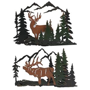 metal wall decor, 2pcs deer metal wall art decor, 3d forest deer wall decor, metal mountain wall art, deer in the forest rustic wall decoration hanging for living room bedroom bathroom indoor outdoor