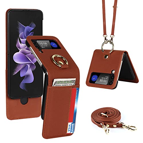 SailorTech Crossbody Case for Samsung Galaxy Z Flip 4 5G with Ring, Ultra Slim PU Leather Back Cover Wallet Cases with 4 Card Slots Lanyard Red