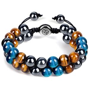 tiger eye triple protection bracelet for women men, yellow blue tiger eye hematite bead crystal stone handmade jewelry bracelet, bring luck and prosperity courage bracelet