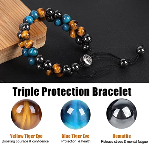 Tiger Eye Triple Protection Bracelet for Women Men, Yellow Blue Tiger Eye Hematite Bead Crystal Stone Handmade Jewelry Bracelet, Bring Luck And Prosperity Courage Bracelet