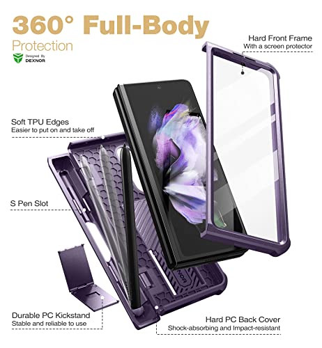 Dexnor Shielder Series Case for Samsung Galaxy Z Fold 3(2021), Military-Grade Full-Body Shockproof Rugged Bumper Case Cover with Built-in Screen Protector & Kickstand & S Pen Slot,Phantom Pruple