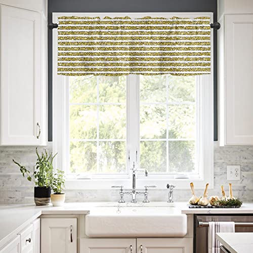 Valances for Windows White Gold Stripes Kitchen Valances for Windows Decorative Rod Pocket Short Window Valance Curtains,Semi Sheer Valance for Kitchen Bathroom 54" x18"