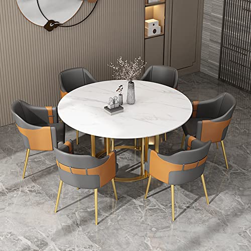 LITFAD Glam Dining Table Set Round Stone Dining Room Table and Chairs for 6 Modern Kitchen Table Set - 7 Pieces: Table with 6 Grey Chairs