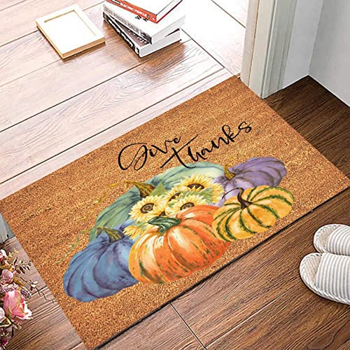 Coir Door Mat with Non-Slip Backing Give Thanks Front Door Rug 16x24in Fall Pumpkins Sunflowers Funny Entryway Rug Outdoor - Front Door Entryway Mats