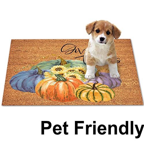 Coir Door Mat with Non-Slip Backing Give Thanks Front Door Rug 16x24in Fall Pumpkins Sunflowers Funny Entryway Rug Outdoor - Front Door Entryway Mats