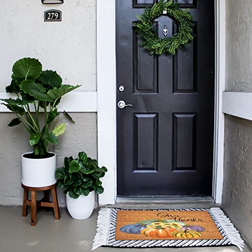 Coir Door Mat with Non-Slip Backing Give Thanks Front Door Rug 16x24in Fall Pumpkins Sunflowers Funny Entryway Rug Outdoor - Front Door Entryway Mats