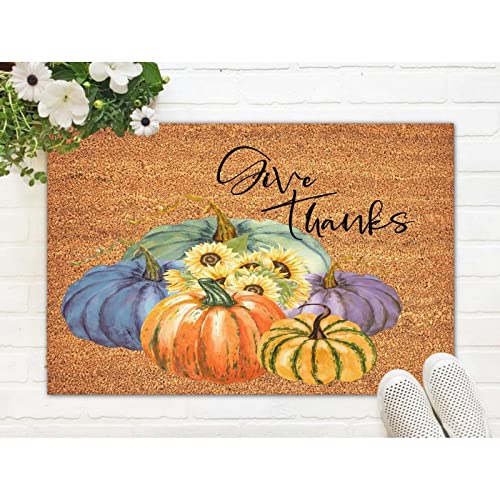 Coir Door Mat with Non-Slip Backing Give Thanks Front Door Rug 16x24in Fall Pumpkins Sunflowers Funny Entryway Rug Outdoor - Front Door Entryway Mats