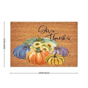 Coir Door Mat with Non-Slip Backing Give Thanks Front Door Rug 16x24in Fall Pumpkins Sunflowers Funny Entryway Rug Outdoor - Front Door Entryway Mats