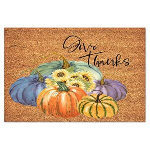 Coir Door Mat with Non-Slip Backing Give Thanks Front Door Rug 16x24in Fall Pumpkins Sunflowers Funny Entryway Rug Outdoor - Front Door Entryway Mats