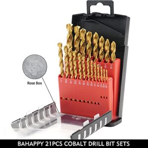 BeHappy Titanium Twist Drill Bit Set, 21Pcs M35 High Speed Steel Jobber Drill Bit Set, Cobalt Drill Bit Set for Stainless Steel, Hardened Metal, Cast Iron,Wood,Plastic, Rose Storage Case, 1/16"-3/8"