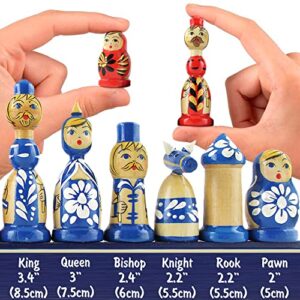 Russian Khokhloma vs Gzhel Themed Chess Set - Hand Painted Wooden Chess Pieces as Matryoshka Dolls - Souvenir Board Games for Adults - Chess Gifts