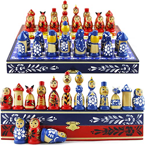 Russian Khokhloma vs Gzhel Themed Chess Set - Hand Painted Wooden Chess Pieces as Matryoshka Dolls - Souvenir Board Games for Adults - Chess Gifts