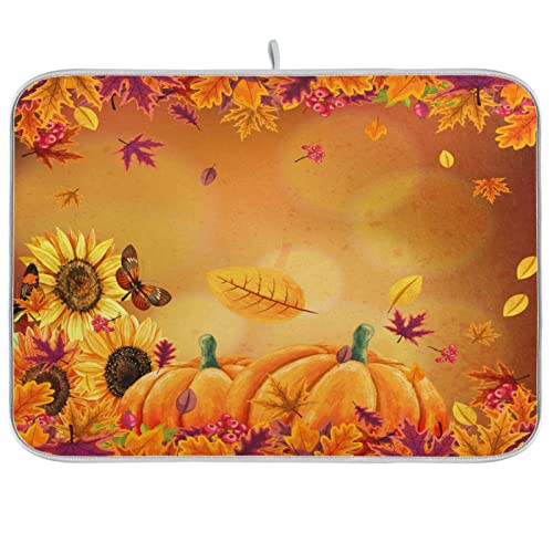 Sunflower Pumpkin Autumn Dish Drying Mat, Butterfly Maple Leaves Dry Mats for Kitchen Dishes Microfiber Dry Pad Ultra Absorbent 18x24Inch Reversible Drying Drainer Sink Mat