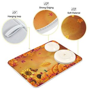 Sunflower Pumpkin Autumn Dish Drying Mat, Butterfly Maple Leaves Dry Mats for Kitchen Dishes Microfiber Dry Pad Ultra Absorbent 18x24Inch Reversible Drying Drainer Sink Mat