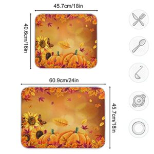 Sunflower Pumpkin Autumn Dish Drying Mat, Butterfly Maple Leaves Dry Mats for Kitchen Dishes Microfiber Dry Pad Ultra Absorbent 18x24Inch Reversible Drying Drainer Sink Mat